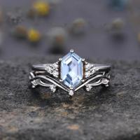 China Engagement 925 Sterling Silver Hexagon Cut Natural Quartz Ring Real Green Moss Agate for sale