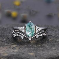 China Engagement 925 Sterling Silver Hexagon Cut Natural Quartz Ring Real Green Moss Agate for sale
