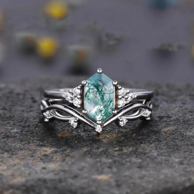 China Engagement 925 Sterling Silver Hexagon Cut Natural Quartz Ring Real Green Moss Agate for sale
