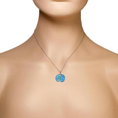 China 925 Sterling Silver  Blue Simulated Opal Greek Key Meander Meandros Spiral Round Pendant Necklace for sale