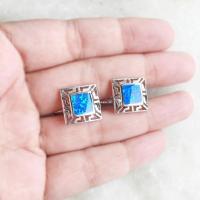 China 925  With Sterling Silver  Greek  Bule  Opal  Meander And Emerald Square Cufflink Earrings for sale
