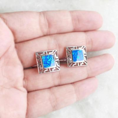 China 925  With Sterling Silver  Greek  Bule  Opal  Meander And Emerald Square Cufflink Earrings for sale
