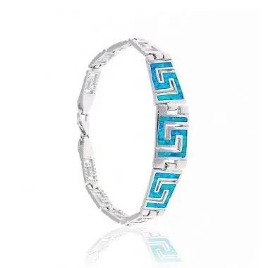 China Greek Style 925 Sterling Silver Jewelry Greek Key Blue Fire Opal Gemstone Bangle Blue Opal Bracelet for sale
