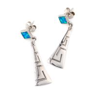China Retro Greek Key Curvy Silver Blue Fire Opal Dangle Earrings High Quality Jewelry For  Women for sale