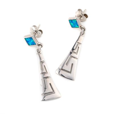 China Retro Greek Key Curvy Silver Blue Fire Opal Dangle Earrings High Quality Jewelry For  Women for sale