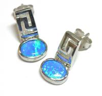 China 925 Sterling Silver Meander Modern Design Retro Blue Opal Greek Key Dangle Earrings Quality Jewelry for sale
