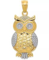China Textured Owl Charm Bead Pendant in 14K Gold with Rhodium Plating For Women for sale