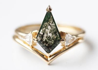 China Triangle Natural Moss Agate Engagement Ring , 9k Gold Ring With Diamonds OEM ODM for sale