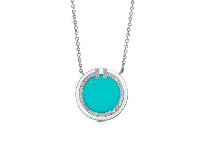 China 18k White Gold Diamond And Turquoise Circle Pendant with 16-18inch Chain for sale