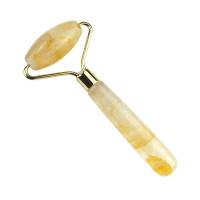 China 128*58mm Yellow Citrine Roller Real Natural Stone Facial Massager Ice Face Roller Welded Smooth Massage Area for sale