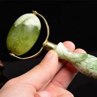 China Green Xiuyan Jade Face Roller Gua Sha Welded Metal Jade Massage Roller for Beauty Tools Facial Massager for sale