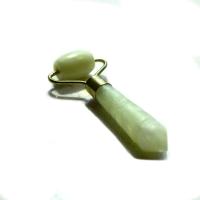 China Silver Mini Jade Stone Face Roller for Eye and Face Anti Aging Massage Natural Green Jade Roller Facial Massager 110*55mm for sale