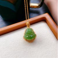 China 925 Silver Inlaid Green Nephrite Jade Laughing Buddha Necklace Pendant with Crystal Stones and Small Size for sale