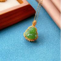 China 925 Silver Inlaid Green Nephrite Jade Laughing Buddha Necklace Pendant with Crystal Stones and Small Size for sale