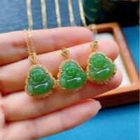 China 925 Silver Inlaid Green Nephrite Jade Laughing Buddha Necklace Pendant with Crystal Stones and Small Size for sale