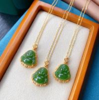 China 925 Silver Inlaid Green Nephrite Jade Laughing Buddha Necklace Pendant with Crystal Stones and Small Size for sale