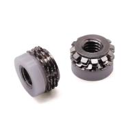 China Custom Cylindrical Metal Threaded Nut with External Gear Teeth and White Plastic Insulating Sleeve - CNC Machined Hybrid Component for sale