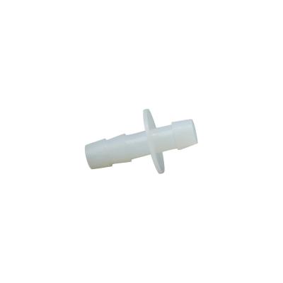 China CNC Machined White Nylon Fluid Connector with Flanged Center Stop and Stepped Barbed Ends ±0.01mm Tolerance for sale