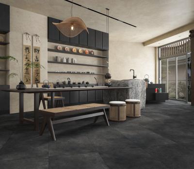 China Charcoal Black Micro-Cement Matte Porcelain Tile with P3 Rated Anti-Slip and Low Absorption in 600x600 / 600x1200mm Sizes for sale