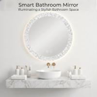 China Kingstin Smart Round LED Bathroom Mirror, Frameless Crushed Diamond Edge, 3 Color Dimmable, Anti-Fog Wall Makeup Mirror for sale