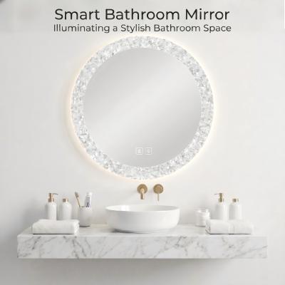 China Kingstin Smart Round LED Bathroom Mirror, Frameless Crushed Diamond Edge, 3 Color Dimmable, Anti-Fog Wall Makeup Mirror for sale