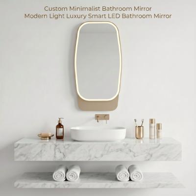 China Kingstin Custom Smart LED Bathroom Mirror with Storage, Anti-Fog, Dimmable, Time Display, Gold Aluminum Frame for sale