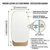 China Kingstin Custom Smart LED Bathroom Mirror with Storage, Anti-Fog, Dimmable, Time Display, Gold Aluminum Frame for sale