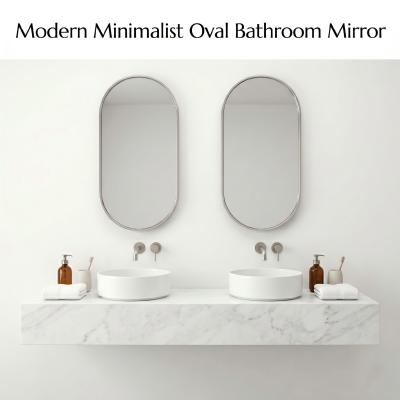 China Kingstin Modern Oval Bathroom Mirror, Brushed Silver Stainless Steel Frame, Wall-Mounted Minimalist Vanity Mirror, Customizable for sale