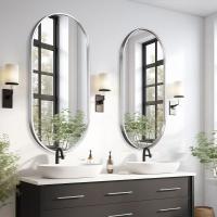 China Kingstin Modern Oval Bathroom Mirror, Brushed Silver Stainless Steel Frame, Wall-Mounted Minimalist Vanity Mirror, Customizable for sale