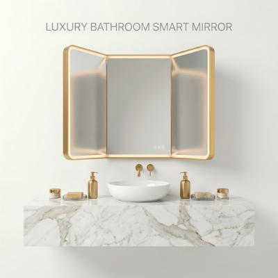 China Kingstin Luxury Smart LED Tri-fold Mirror Bathroom Vanity Mirror with Bluetooth Music Anti-fog 3 Color Temperature Customizable for sale