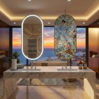China Kingstin Luxury Oval Drop Mirror: Ceiling Suspended LED Mirror with Handcrafted Enamel Art Hotel Island Counters for sale