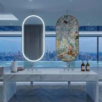 China Kingstin Luxury Oval Drop Mirror: Ceiling Suspended LED Mirror with Handcrafted Enamel Art Hotel Island Counters for sale