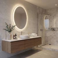 China Kingstin Luxury Acrylic Frame Backlit LED Mirror, Oval Smart Bathroom Vanity Mirror with Defogger & Dimmable Light for sale
