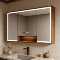 China Kingstin Wood Grain Stainless Steel LED Bathroom Mirror Cabinet with Open Storage Shelf & Touch Control Light for sale