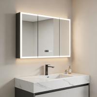 China Kingstin Wood Grain Stainless Steel LED Bathroom Mirror Cabinet with Open Storage Shelf & Touch Control Light for sale