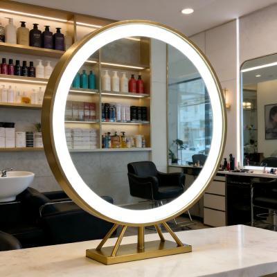 China Kingstin Double-Sided LED Salon Station Mirror, Professional Round Lighted Barber Mirror with Gold Metal Frame for sale