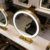 China Kingstin Double-Sided LED Salon Station Mirror, Professional Round Lighted Barber Mirror with Gold Metal Frame for sale