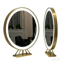 China Kingstin Double-Sided LED Salon Station Mirror, Professional Round Lighted Barber Mirror with Gold Metal Frame for sale