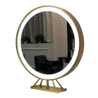 China Kingstin Double-Sided LED Salon Station Mirror, Professional Round Lighted Barber Mirror with Gold Metal Frame for sale