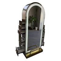 China Kingstin Modern Floor-Standing Hair Salon Mirror Station Gold Stainless Steel Frame LED Barber Mirror Styling Unit for sale