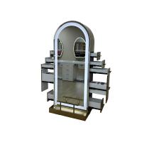 China Kingstin Modern Floor-Standing Hair Salon Mirror Station Gold Stainless Steel Frame LED Barber Mirror Styling Unit for sale