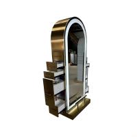 China Kingstin Modern Floor-Standing Hair Salon Mirror Station Gold Stainless Steel Frame LED Barber Mirror Styling Unit for sale