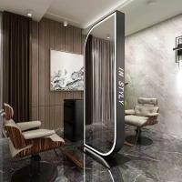 China Kingstin LED Floor Standing Blade-shaped Mirror with Light Gold Black Arched Styling Unit for Hairdresser for sale