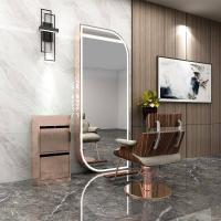 China Kingstin LED Floor Standing Blade-shaped Mirror with Light Gold Black Arched Styling Unit for Hairdresser for sale