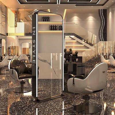 China Modern LED Hair Salon Mirror Floor Stand Double Sided Barber Station Mirror with Light Black Frame for Hairdressing Furniture for sale