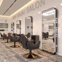 China Modern LED Hair Salon Mirror Floor Stand Double Sided Barber Station Mirror with Light Black Frame for Hairdressing Furniture for sale