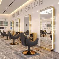 China Modern LED Hair Salon Mirror Floor Stand Double Sided Barber Station Mirror with Light Black Frame for Hairdressing Furniture for sale