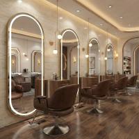 China Kingstin Luxury Gold Arch LED Salon Mirror Full Length Barber Shop Mirror Smart Touch Dimming for Hairdressing for sale