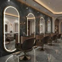 China Kingstin Luxury Gold Arch LED Salon Mirror Full Length Barber Shop Mirror Smart Touch Dimming for Hairdressing for sale