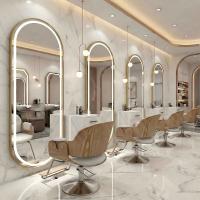 China Kingstin Luxury Gold Arch LED Salon Mirror Full Length Barber Shop Mirror Smart Touch Dimming for Hairdressing for sale